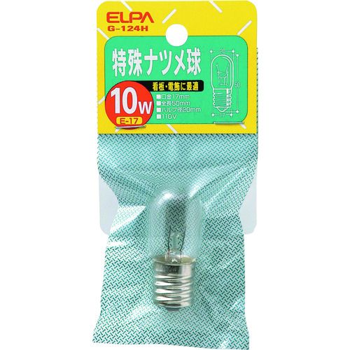 特長:●看板、電飾照明に適しています。 仕様:●全長(mm)：50●口金：E17●定格寿命(時間)：1500●色：クリア 仕様2:●定格電圧(V)：110V●定格消費電力：10W●本体サイズ(mm)：バルブ径20●入数：1個 材質／仕上:●...