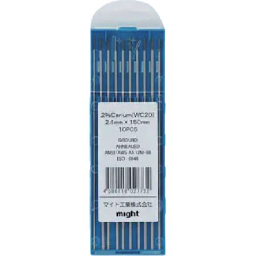 特長:●セリウム入りタングステン電極です。 用途:●先端を尖らせ、TIGトーチヘッドに装着する 仕様2:●2.4mm×150mm 材質／仕上:●2%セリウム入り特長:●セリウム入りタングステン電極です。 用途:●先端を尖らせ、TIGトーチヘ...