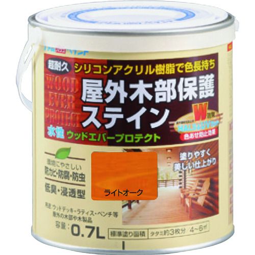 特長:●シリコンアクリル樹脂にHALS（紫外線劣化防止剤）とUV吸収剤を配合した高性能木部保護塗料です。●水性でありながら色あせに強く、塗り継ぎムラがでにくい塗料です。●防カビ、防虫、防腐効果に優れ、木部を長期間保護します。●塗り替え時でも...