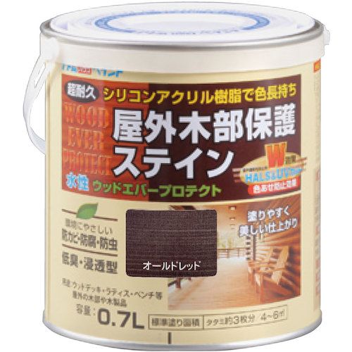 特長:●シリコンアクリル樹脂にHALS（紫外線劣化防止剤）とUV吸収剤を配合した高性能木部保護塗料です。 用途:●ウッドデッキ、ラティス、木製家具、木製ベンチなどの屋外木部に。 仕様:●色：オールドレッド●容量(L)：0.7●乾燥時間：約1...