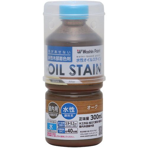 特長:●色ムラになりにくく、木目を引き立たせる水性顔料着色剤です。 用途:●木部着色用 仕様:●色：オーク●容量(L)：0.3●乾燥時間：(20℃)：約40分●塗り重ね回数：1回塗り●塗布面積(［［M2］］)：3.9〜5.2［［M2］］(畳...