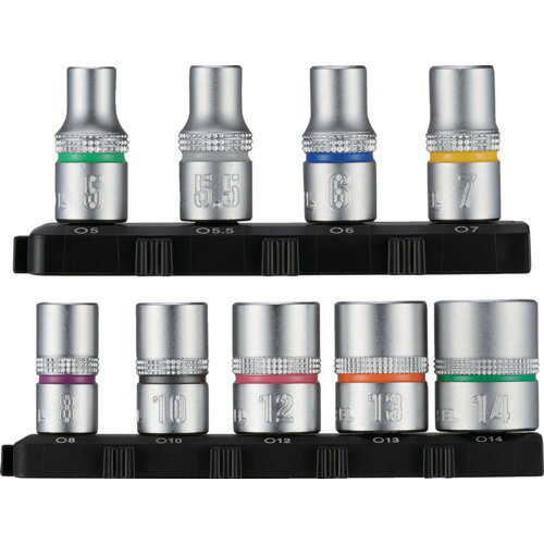 特長:●全長25mm●指先で回せるローレット●サイズがわかるカラーコード●連結ホルダー(サイズ表示付き) 用途:●各種ボルト・ナット締め緩め作業に 仕様:●シャンク径(mm)：6.35●先端マグネット：なし 仕様2:●交換用ソケットセット9...