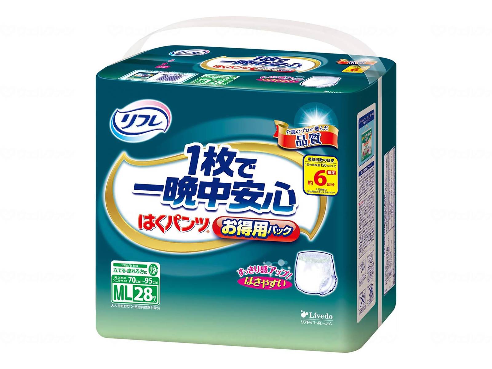 サイズ・重量　重量2400g/袋　　　コメント　1枚はくだけで夜も安心の吸収力！　　○股下すっきりフィット　　股下すっきりカットでゴワゴワせず動きやすい！　　○やさしい肌ざわり　　ふんわり柔軟仕上げでお肌にやさしい。　　○モレにくい　　おし...