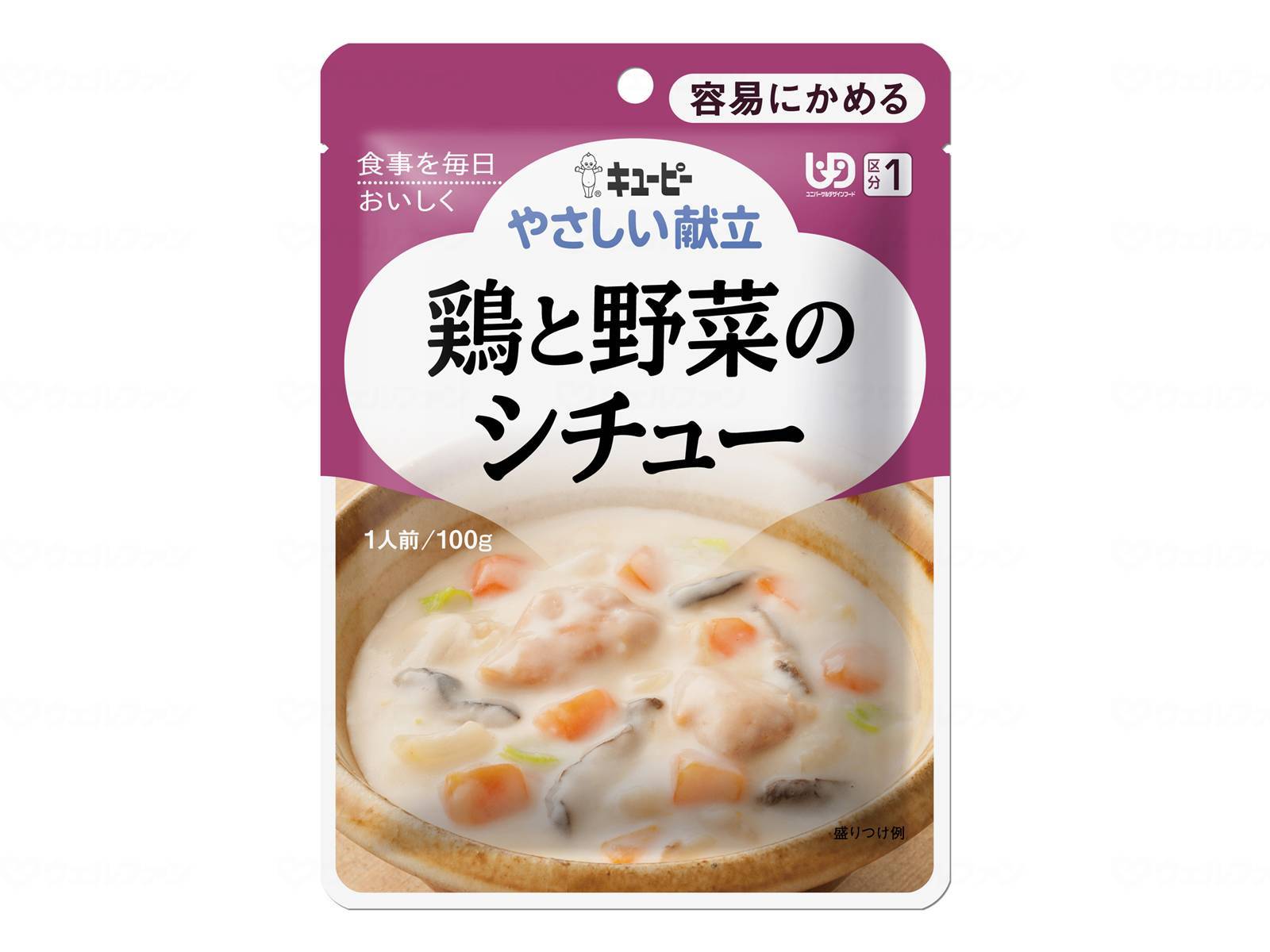 サイズ・重量　重量100g　　　特長　やわらかく仕立てた鶏肉を玉ねぎ、キャベツ、にんじん、しいたけとじっくり煮込んだシチューです。　みそを隠し味にきかせたコクのある仕立てです。　　　コメント　○メリハリのある味づくり　塩味控えめながらも、だ...