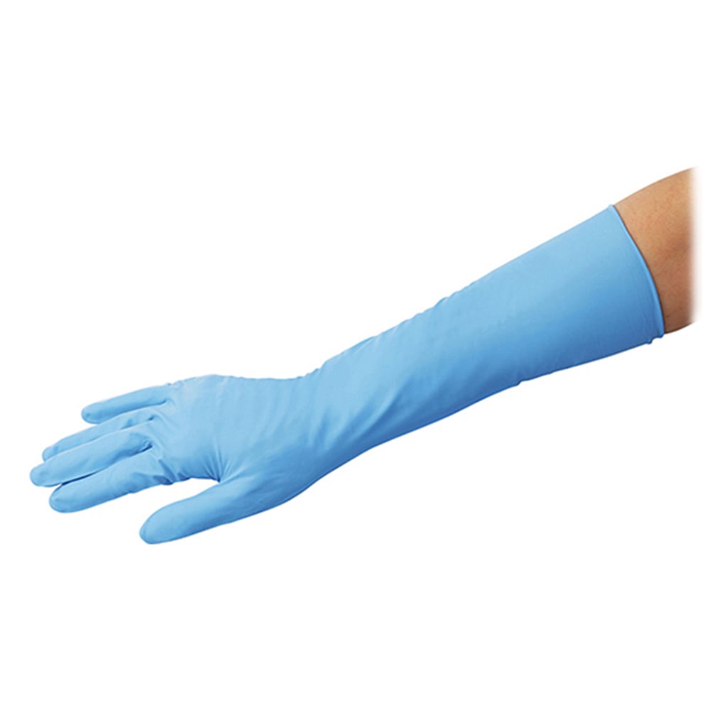 手首部分の露出を防ぐ全長40cmのロングタイプです。伸縮性があり、フィット感に優れています。超純水洗浄加工(16MΩ以上)を施し、クラス100の高清純度下で無塵パックしています。 カラー：ブルーサイズ：S材質：ニトリルゴム全長：400mm左...