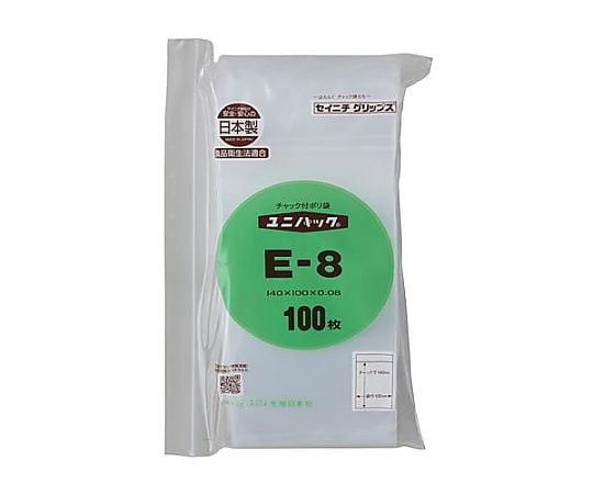 フィルム厚0.08mmで耐衝撃性に優れたチャック袋です。PE単層、溶断シール食品衛生法適合品日本製 メーカー：生産日本社（セイニチ）型番：E-8商品名：ユニパックチャック下サイズ（mm）：140×100厚み（mm）：0.08入数：100枚材...