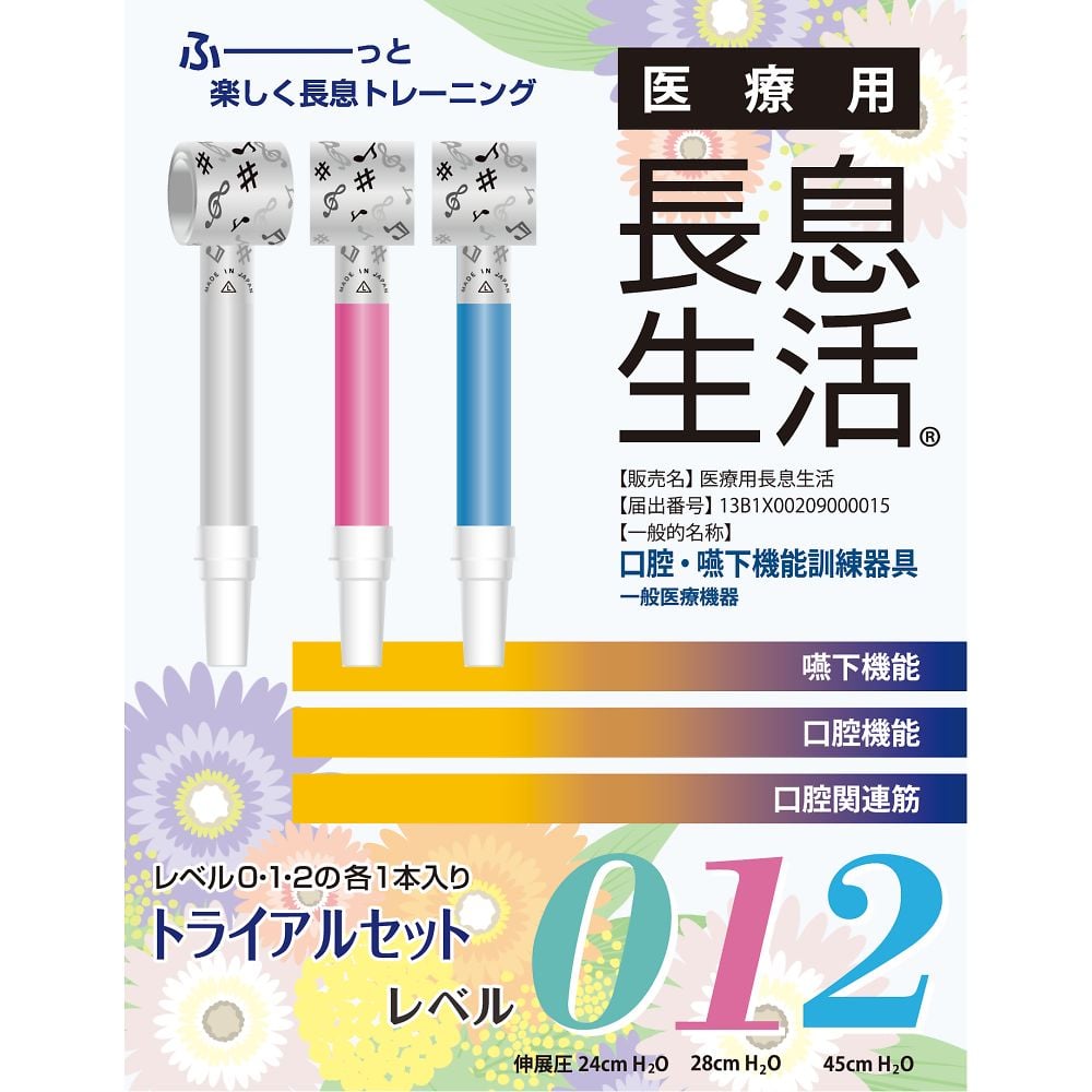 使われる方の呼吸機能に併せて吹く力を3段階から選べます。 サイズ：90×80×150mmトライアルセット内容：レベル0・1・2×各1本入呼気力の目安：レベル0／ティッシュペーパーを1枚拭いて揺らす程度、レベル1／日常会話をはっきりとした声で...