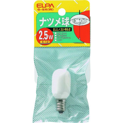 特長:●小型・低ワットで長寿命設計の電球です。 仕様:●消費電力(W)：2.5●定格寿命(時間)：3000●口金：E12●波長タイプ：G-5H(W)●球寿命(時間)：3000 材質／仕上:●ガラス特長:●小型・低ワットで長寿命設計の電球です...