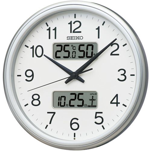 特長:●温度、湿度、日付が一緒に確認できる電波時計です 仕様:●直径(mm)：290●厚さ(mm)：50●電源：単三アルカリ電池×2●電池寿命：約1年●電波：◯●色：銀色メタリック 仕様2:●電波修正機能●電波オフ機能●温度湿度表示●カレン...