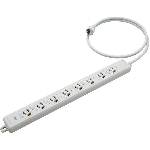 【仕様】●コンセント数：8●定格電圧(V)：125●定格電流(A)：15●プラグ形状：耐トラッキング接地プラグ付●品名：横形OA用抜け止め接地タップ8コ口パイロットランプ、マグネット付 VCTF1m接地プラグ付【仕様2】●横形OA 用抜け止...