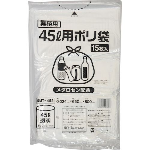 【特長】●メタロセン配合で、薄手でも優れた引っ張り強度の低密度タイプ。【仕様】●容量(L)：45●縦(mm)：800●横(mm)：650●厚さ(mm)：0.024●色：透明【仕様2】●メタロセン配合で、薄手でも優れた引っ張り強度の低密度タイ...