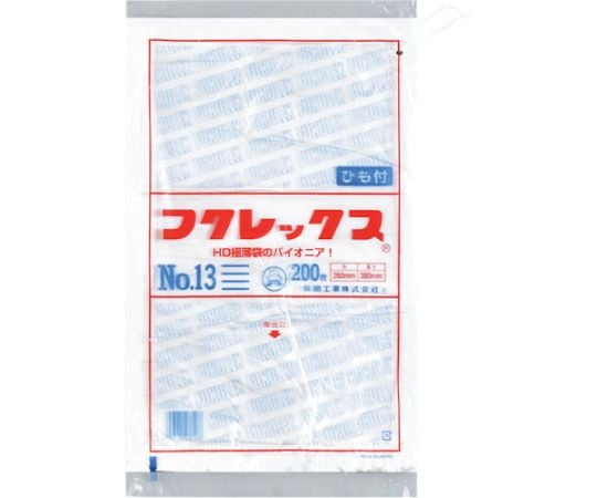 薄くても開口性に優れています。吊り下げタイプの規格シリーズです。紐付け部にノッチを入れている為、切り屑が残りません。色：透明縦（mm）：380横（mm）：260厚さ（mm）：0.008食品衛生法適合（ポジティブリスト適合）200枚入材質／仕...