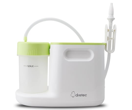 乳幼児の鼻水を自宅ですっきり吸引できる電動式鼻水吸引器通常ノズルと赤ちゃんの小さな鼻や鼻の奥にも使える細めノズル手元のチューブクリップをつまんで吸引力を調整もかんたん一時置きできて衛生的に使えるチューブクリップフォルダー吸引圧‐83kPa±...