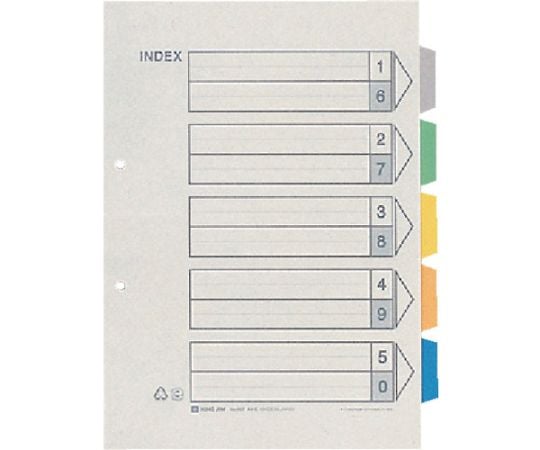 グリーン購入法適合品です。GPNエコ商品ねっとに掲載しています。素早く書類を検索できるファイル内の見出し。用紙サイズ：A4穴数：2縦（mm）：302横（mm）：1高さ（mm）：222包装単位：10パック梱包単位：100パックセット内容：5色...