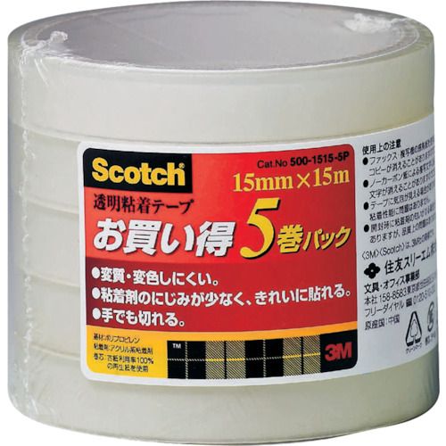 特長:●コストパフォーマンスに優れた事務用粘着テープです。●変質・変色しにくいポリプロピレン基材と、粘着剤のにじみが少なく、きれいに貼れるアクリル系粘着剤を使用しています。 仕様:●幅(mm)：15●長さ(m)：15●巻芯径(mm)：76 ...