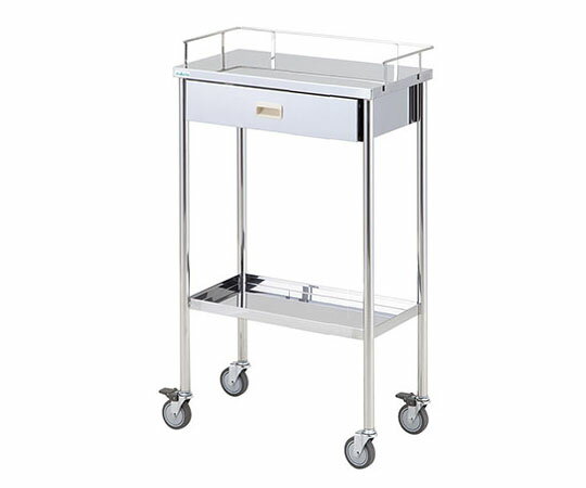 特徴 A4サイズのファイルが収まる引出し付きです。 天板は柵付きで、棚板も落下防止の枠が付いています。仕様 幅×奥行×高さ（mm）：600×450×955 材質：ステンレス キャスター：Φ75mmゴム製（対角ストッパー） 天板高さ：900m...