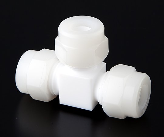 仕様 ティー 材質：ボディ／PTFE（フッ素樹脂）、ナット／ECTFE（フッ素樹脂） 最高使用温度：100℃ テーパ収縮シール方式 適合チューブ材質：PFA・PTFE チューブ径：3/8インチ仕様 ティー 材質：ボディ／PTFE（フッ素樹脂...