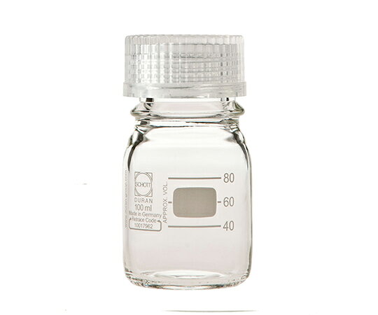 仕様 コード番号：017200-1003A 透明キャップ付き 口内径：φ30mm 容量：100mL 外径×高さ：φ56×100mm ネジ口規格：GL-45 デュラン ※オートクレーブ滅菌にかける際はキャップを外すか、または一回転以上緩めてか...