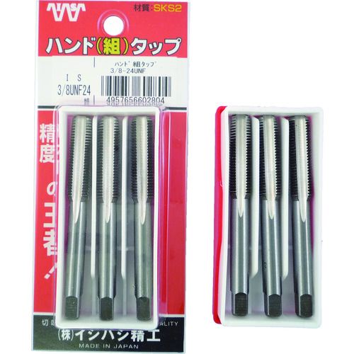 特長:●一般的なタップで、あらゆる方面で使用されています。 用途:●被削材:中炭素鋼、アルミ合金など。 仕様:●セット内容：先・中・上●精度：JIS3級●呼び寸法：UNF7/16●山数：20●ねじ長さ(mm)：38●全長(mm)：80●シャ...