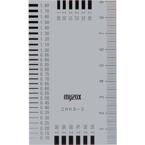 特長:●コンクリート製品、構造物のひび割れ寸法を、簡単・正確に測定出来ます。●携帯に便利な名刺サイズ。 用途:●コンクリートのヒビ割れの測定 仕様2:●サイズ(mm)：55×91●測定目盛：0.10〜3.0●目盛/本体：黒目盛/半透明タイプ...
