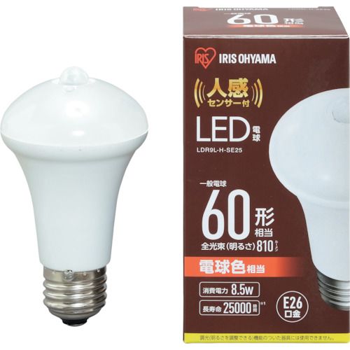 特長:●必要な時だけ点灯し、人がいなくなったら消灯する、人感センサー付LED電球です。●人感センサー付で人に反応して自動に点灯し、離れるとゆるやかに自動で消灯する（約90秒後）ので、消し忘れが無く経済的です。●口金サイズはE26口金で、電球...