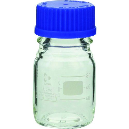 特長:●液もれがしにくい構造の瓶です。●高純度医薬・試薬や分析用標準液などの保存容器として幅広く使用可能です。 仕様:●容量(ml)：100●外径(mm)：56●目盛間隔(ml)：20●高さ(mm)：105●キャップ色：青 仕様2:●フタ使...