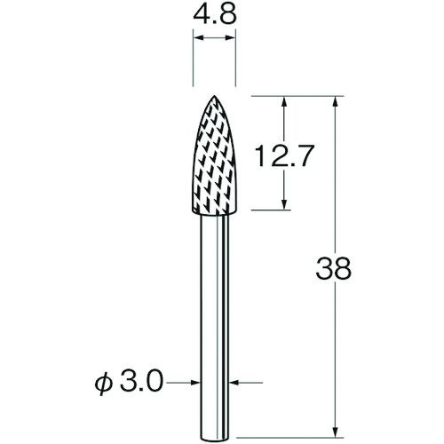 特長:●使いやすい形状で、耐久性と切れ味に優れています。 用途:●金属・非金属の研削・バリ取りなどに。 仕様:●軸径(mm)：3●刃径(mm)：4.8●刃長(mm)：12.7●最高使用回転数(rpm)：32000●軸長(mm)：25.3●タ...