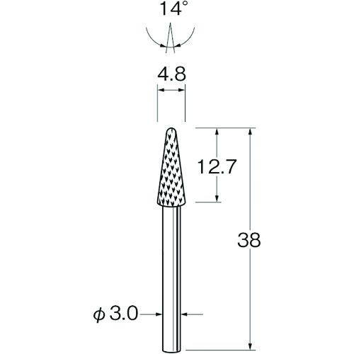 特長:●使いやすい形状で、耐久性と切れ味に優れています。 用途:●金属・非金属の研削・バリ取りなどに。 仕様:●軸径(mm)：3●刃径(mm)：4.8●刃長(mm)：12.7●最高使用回転数(rpm)：32000●先端角(°)：14●軸長(...