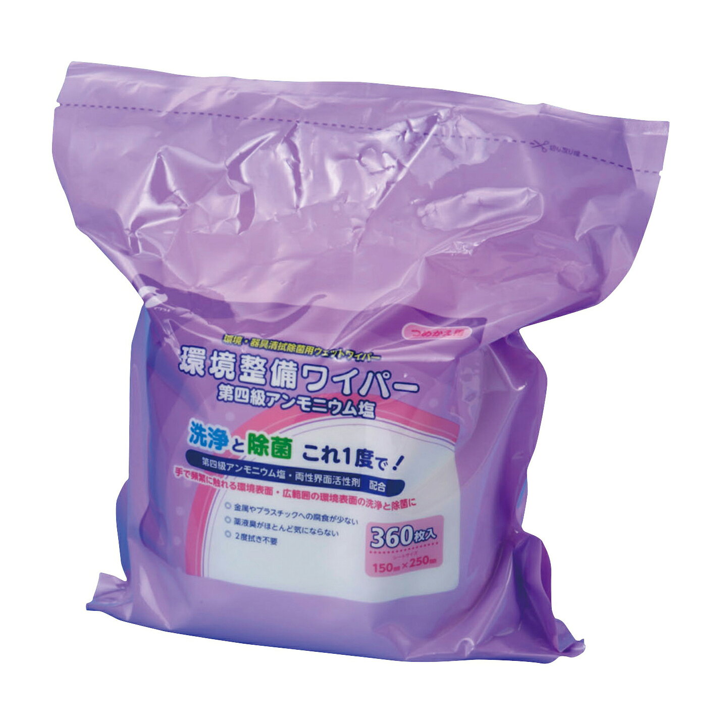商品説明 ●第四級アンモニウム塩と両面活性剤で洗浄と除菌を1枚で行えます。●揮発性が低く、広範囲の清拭ができます。 商品スペック ●規格：詰替用 ●シート：150×250mm ●入数：360枚 ●成分：第四級アンモニウム塩、両性界面活性剤、...