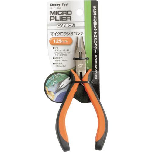 特長:●板バネ付の手に馴染む握りやすいグリップでラクラク作業できます。 用途:●つかむ、はさむ、まわす、切る 仕様:●全長(mm)：125●切断能力(mm)鉄線：1 材質／仕上:●本体：カーボン鋼　グリップ：PVC特長:●板バネ付の手に馴染...