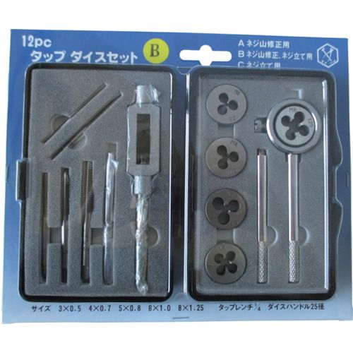 特長:●多様なサイズが入っているので様々な作業に適しています。 用途:●ねじ山修正に。 仕様:●加工ねじ：メートルねじ●中タップ：M3X0.5／M4X0.7／M5X0.8／M6X1.0／M8X1.25　各1本●ダイス25径：M3X0.5／M...