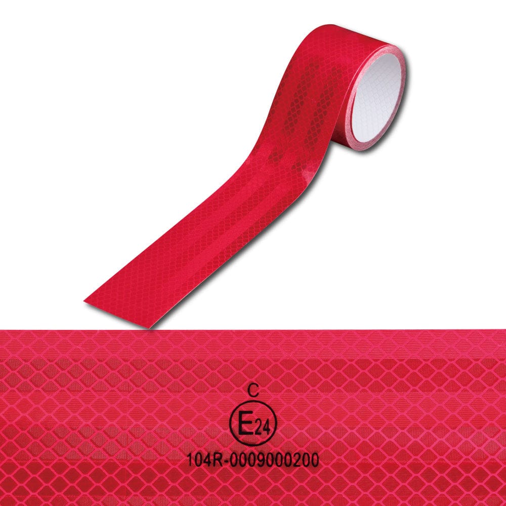 Eマーク適合反射テープ5cm幅、25mロール。カットして好きな長さで使用することができます。Eマーク印は60cm間隔に刻印。裏面は強力な両面テープ付き。●材質 アクリル ●色 赤色 ●テープ幅(mm) 50 ●テープ長さ(m) 25 ●主な...