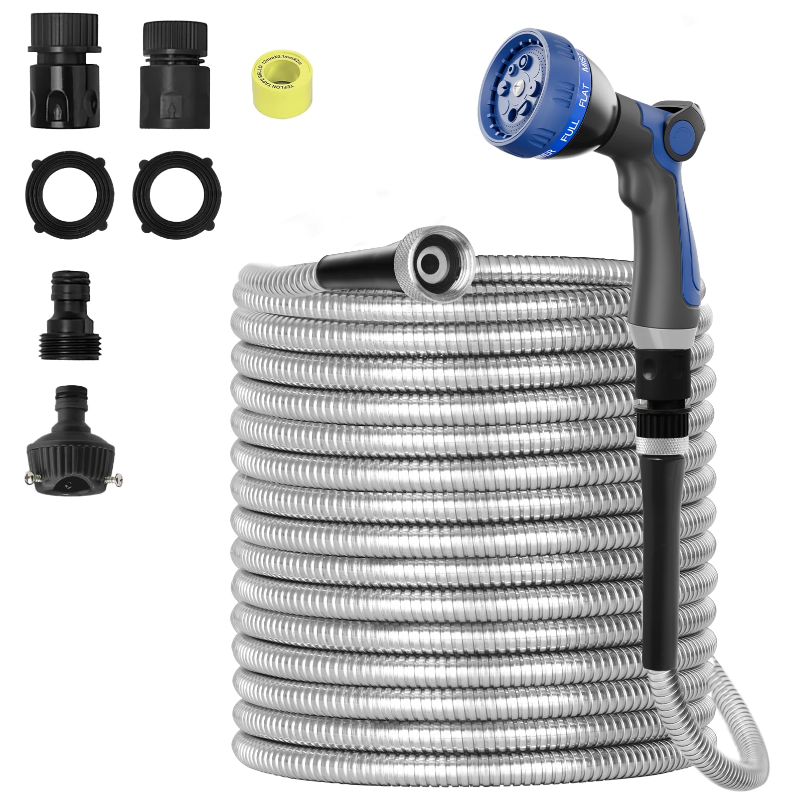 ・【ステンレス鋼散水ホース】：高密度304ステンレス鋼製で、耐摩耗性に優れ、破片や枝などの鋭利なものによる損傷に耐えることができます。内層は厚くなったポリ塩化ビニルチューブで、圧力に耐え、破裂を防ぎ、普通のホースより耐久性があります。・【結...