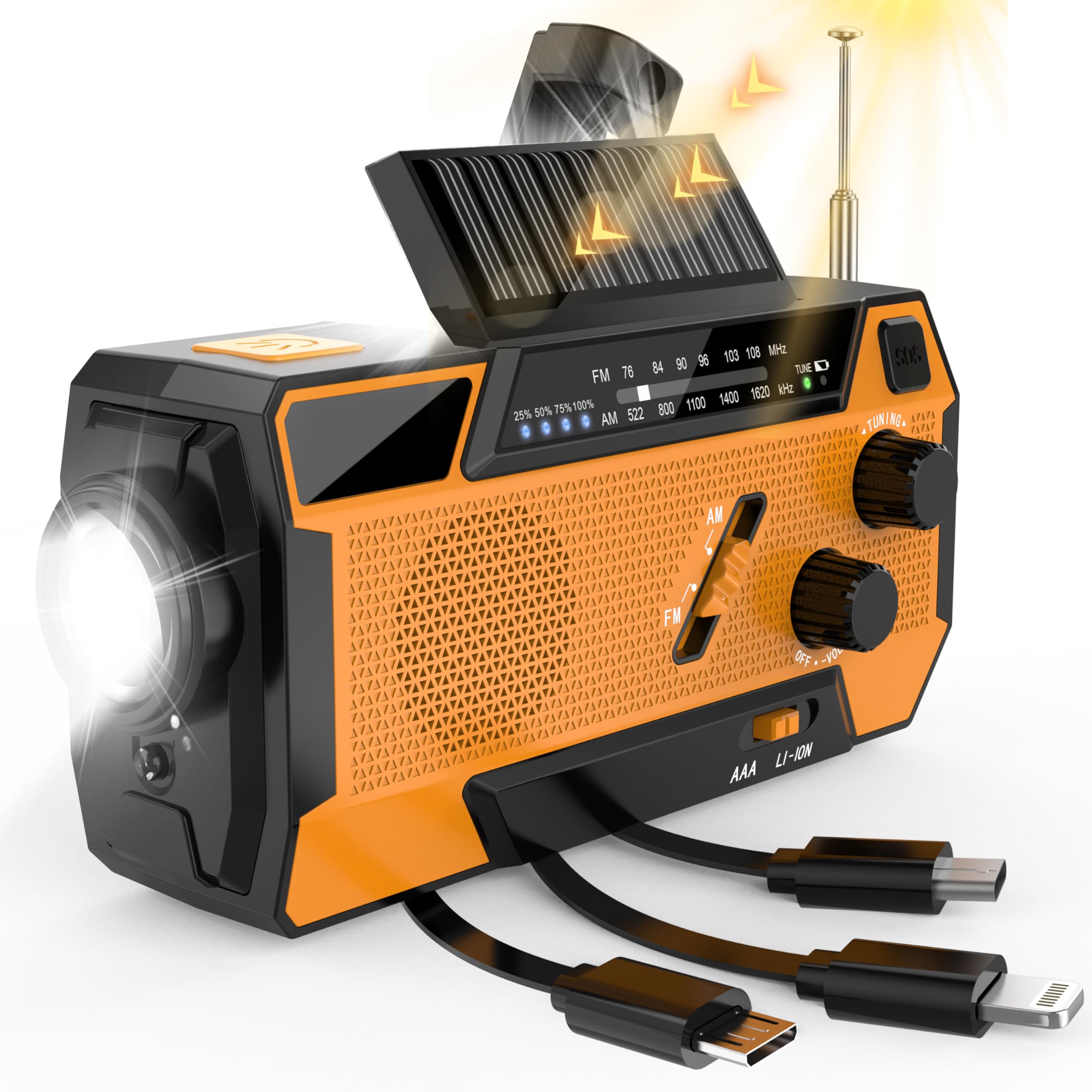 ・【充電式ソーラーラジオ、3つの内蔵ケーブル付き】市場にある他の充電式ラジオと異なり、この多機能ラジオは緊急電源として使用できる7400mWh/2000mAh電池を内蔵しているだけでなく、3つの内蔵充電ケーブル（Lightning/USB-...