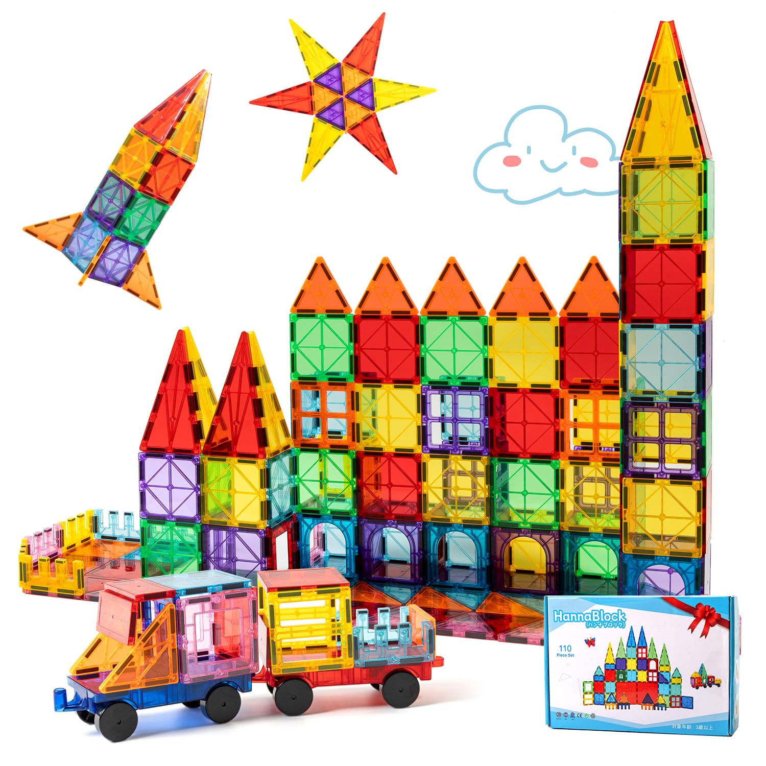 ・【マグネットブロック110PCSの内容物】：四角形×32 三角形×28 二等辺三角×12 長三角×6 四角（田形 )×4 四角（窓）×4 四角（扉）×4 四角（口形 )×4 長方形×4 柵×4 半円×4 タイヤパーツ×2 収納箱×1 専用...