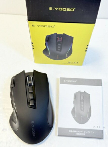 e元素 2.4Gワイヤレスゲーミングマウス X-11 RGBバックライト 9つプログラム可能 マクロ記録サイドボタン DPI調整可能 商　品　説　明 動作確認済み。アルコールで簡易清掃しています。経年の使用による細かいスレ等は有りますが目立...
