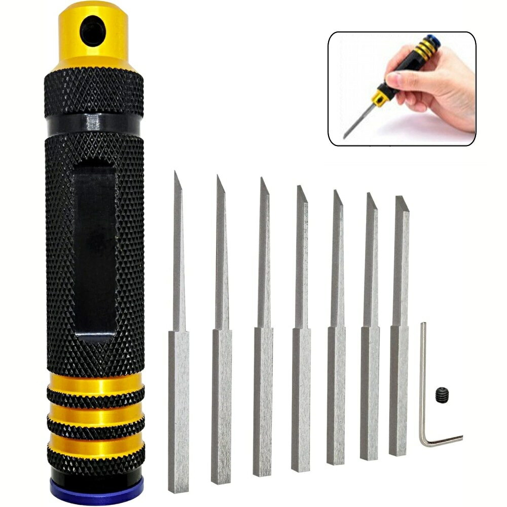 スジボリ タガネ 7本セット 商品説明 7種類のブレードで、お好みの太さにスジ彫りができるスジ彫り用タガネセットです。 切れ味鋭い高速度鋼のブレードを採用しており、シャープで美しいラインを効率よく彫ることができます。 【優れた操作性と仕上が...