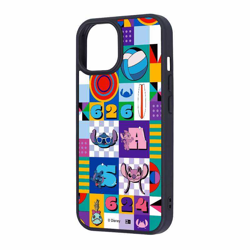 対応機種：iPhone 15/14/13(P51)カラー／キャラ：スティッチとエンジェル_総柄シンプルなキャラクターデザインケース2つの素材で端末を守るハイブリッド構造&copy; Disney 表面硬度2Hの背面に、スティッチがのんびり南...