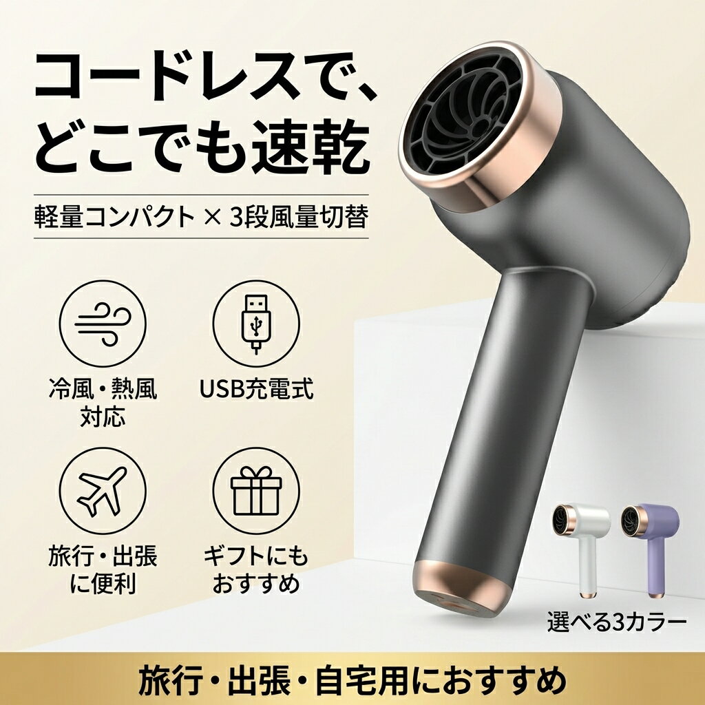商品名：ヘアドライヤー 冷風パワー：10W/3.7V 熱風パワー：1000W 電池容量：1500mAh 風量：3段（第一段：冷風（充電モードで使用のみ）、第二、三段：熱風（プラグインモードで使用のみ）） 原産地：中国 注意事項 ・ラッピング...