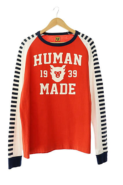 【中古】ヒューマンメイド HUMAN MADE 22AW BMX SHIRT L/S TEE ロゴ ボーダー切替 ロングスリーブ 長袖Tシャツ ロンT M 赤 白 レッド ホワイト ブランド古着ベクトル 中古260306 メンズブランドヒュ...