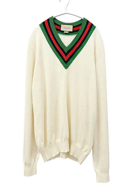 【中古】グッチ GUCCI シェリーライン Vネック ニット セーター 576802-XKAUK L 白ホワイト ブランド古着ベクトル 中古260704 メンズブランドグッチ GUCCI表記サイズL ※実寸サイズを記載しておりますので、サイ...