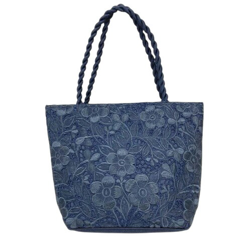 【中古】Mulia トートバッグ ハンドバッグ レース 刺繍 花柄 布 紺 ネイビー レディース 【ベクトル 古着】 250724実寸サイズ持ち手の長さ：40cm　ヨコ：29cm　タテ：21.5cm　マチ：11cm　　色ネイビー ※色に関し...