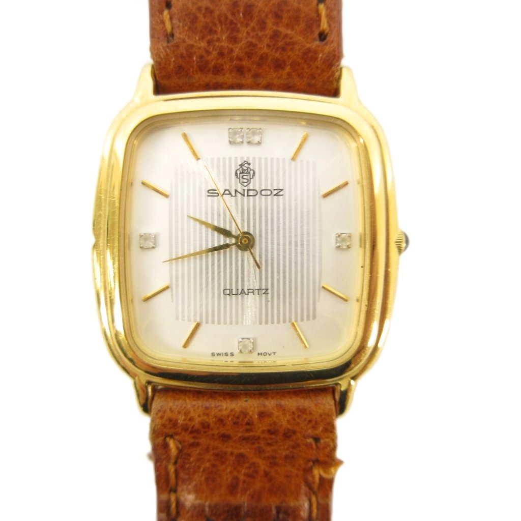 【中古】サンドス SANDOZ クォーツ 腕時計 スクエア レザーベルト ジャンク ゴールドカラー レディース 【ベクトル 古着】 260630実寸サイズバンド幅：1.8cm　腕周り：15.7-19.2cm　ケース・タテ：28mm　ケース・...