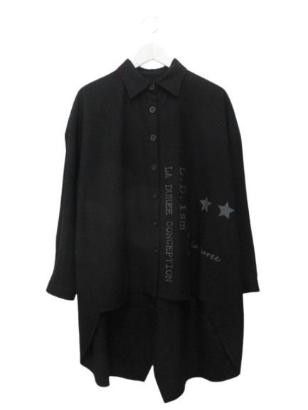 【中古】ラデューレ LA DUREE アシンメトリー ロングシャツ 9 長袖 チュニック ウール混 プリント ブラック 黒 トップス レディース 【ベクトル 古着】 260709表記サイズ9実寸サイズ身幅：68cm　着丈：最長91cm　ゆき...
