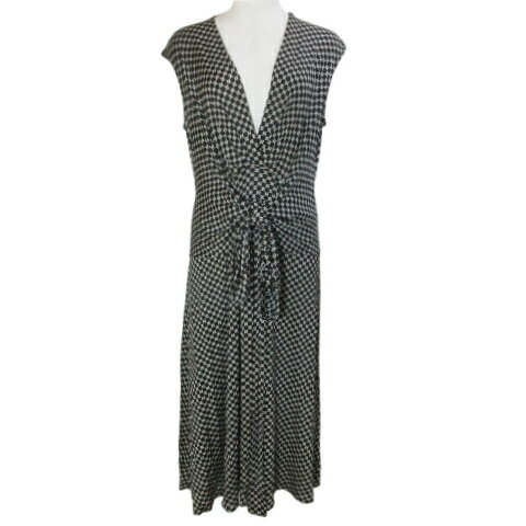 【中古】カーラカリーニ CARLA CARINI ワンピース ロング シルクレーヨン ノースリーブ 総柄 Vネック ウエストリボン 44 日本サイズL相当 ブラック ホワイト /X レディース 【ベクトル 古着】 260126表記サイズ日本...