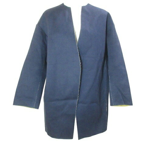 【中古】アバハウス ドゥヴィネット リュクス abahouse devinette Luxe ダブルフェイスコート ノーカラー カットオフ ミドル丈 ボタンレス ネイビー マスタード /X レディース 【ベクトル 古着】 260709ブラン...