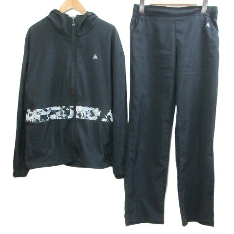 【中古】ルコックスポルティフ Le coq sportif 21SS セットアップ サンスクリーン フード付き クロスジャージジャケット パンツ スポーツウェア ロゴ刺? プリント L LL相当 黒 ブラック QMWRJF23/QMWRJG...
