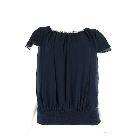 【中古】ミッシェルクラン MICHEL KLEIN ブラウス サマーニット シアー 切替 パール襟 ストレッチ プルオーバー 半袖 M 38 紺 ネイビー オフ白 ゴールド レディース 【ベクトル 古着】 250708ブランドミッシェルクラ...