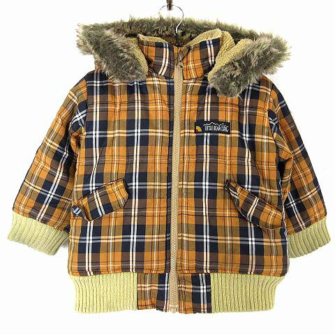 【中古】リトルベアクラブ LITTLE BEAR CLUB ジャケット 中綿 ジップアップ チェック柄 ロゴ ファー フード リブ 切替 裏ボア 長袖 90 ライトブラウン マルチカラー 男の子 KIDS キッズ 【ベクトル 古着】 260...
