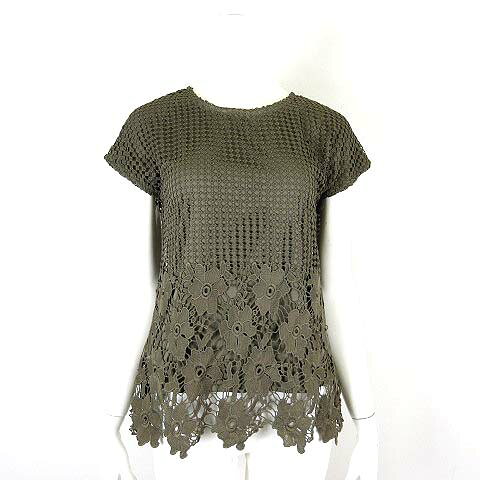 【中古】メルドロール Merdel'or カットソー トップス 総レース 花柄 切替 スカラップヘム フレンチスリーブ 半袖 M カーキ 美品 レディース 【ベクトル 古着】 260710表記サイズM実寸サイズ身幅：44cm　着丈：59cm...
